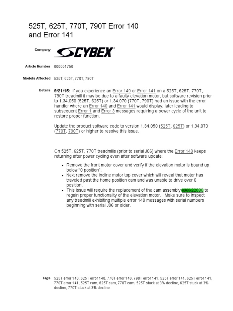 Cybex 625T, 770T Error 140, 141pdf | PDF