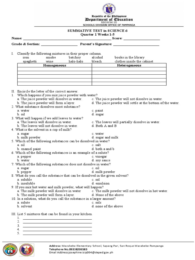 Classifying Mixtures and Understanding Solutions: A Summative Science ...