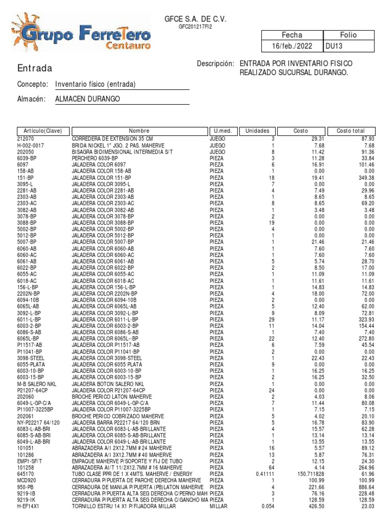 Entrada Por Inv Fisico Du13 Suc Durango | PDF | Logística | Inventario
