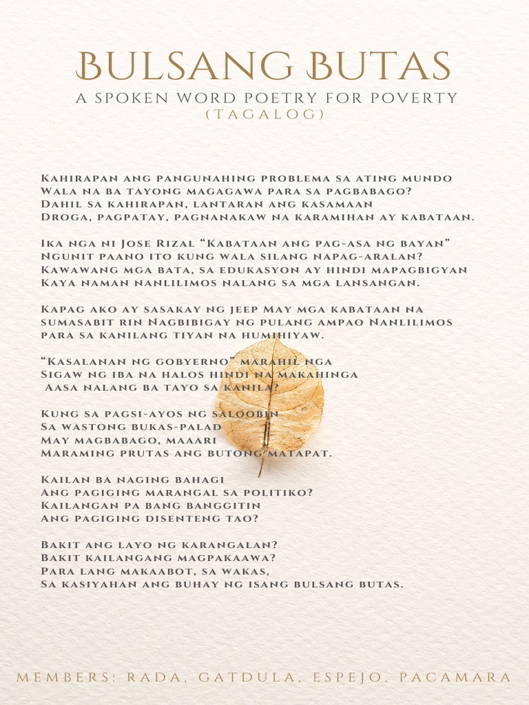 Tagalog Spoken Poetry on Poverty | PDF