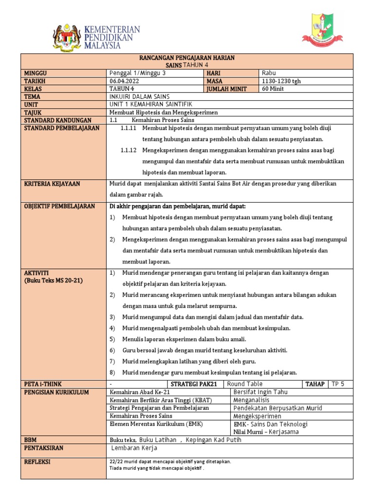 RANCANGAN PENGAJARAN HARIAN Sains t4 Mgu 3 | PDF RANCANGAN PENGAJARAN HARIAN Sains t4 Mgu 3 | PDF