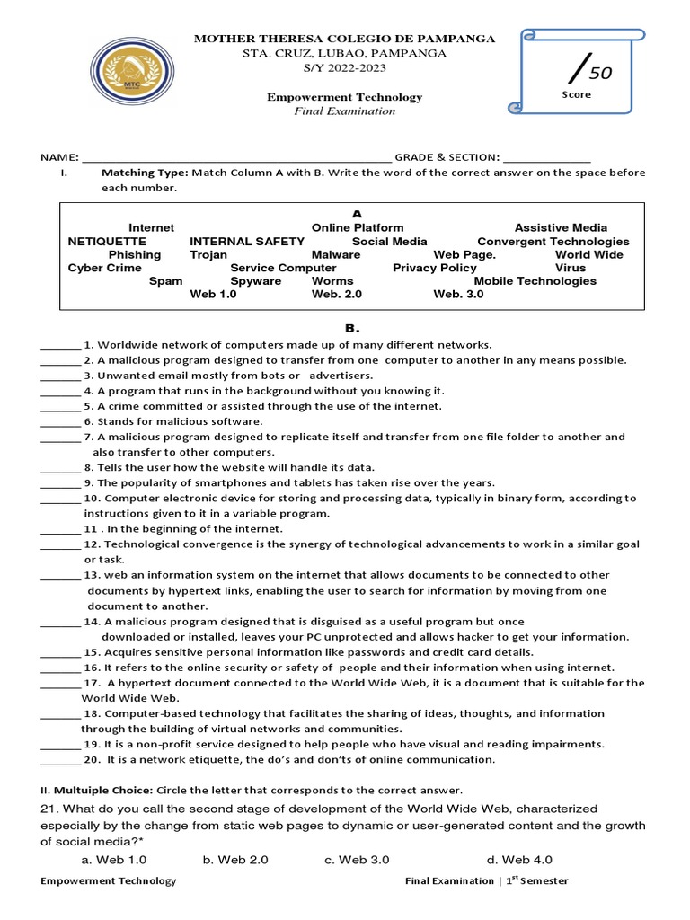 Emp - Tech. G11 Final Examination | PDF | World Wide Web | Internet & Web
