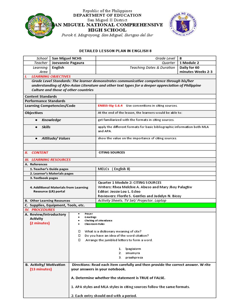 DLP English 8 Q1 M2 | PDF | Apa Style | Citation
