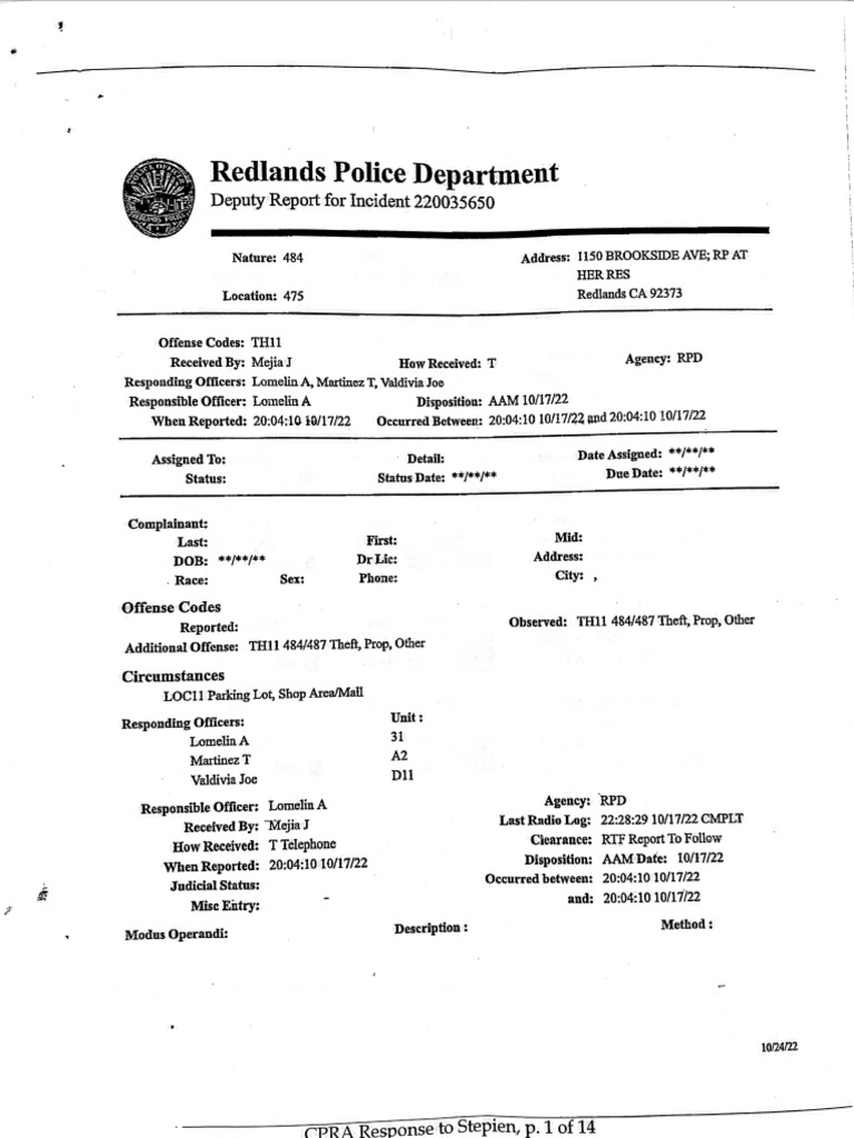 Stepien/Holohan Sign Theft Redlands Police Report | PDF