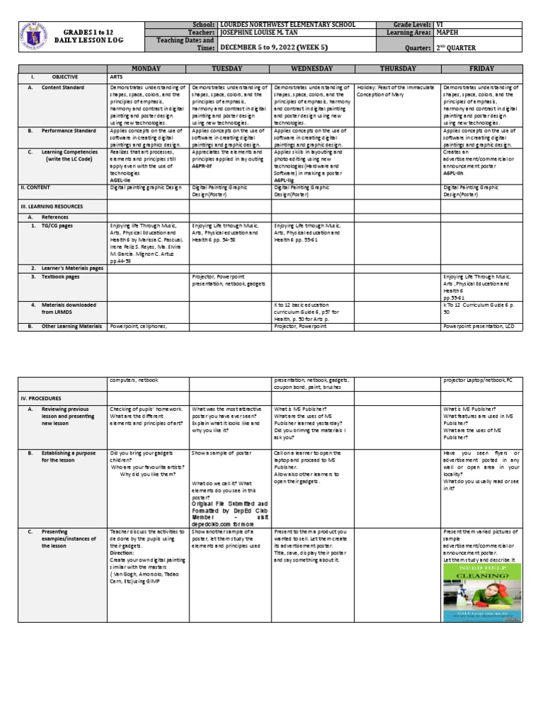DLL - Mapeh 6 - Q2 - W5-JLMT | PDF | Poster | Teachers