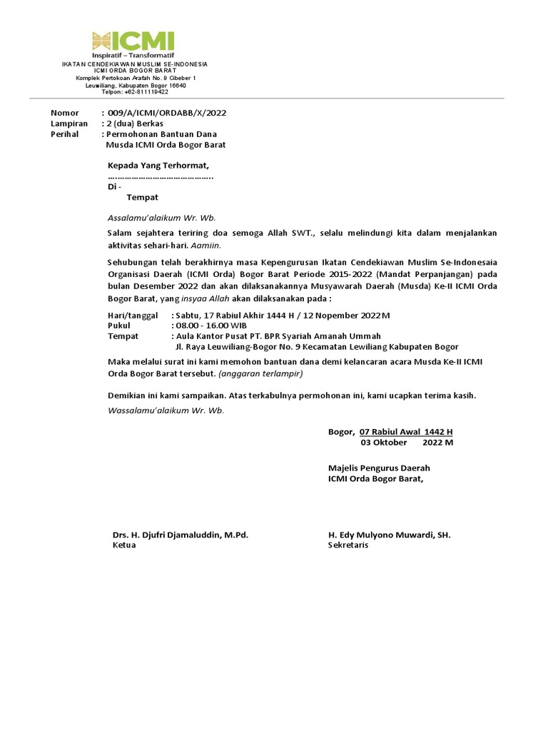 Surat Undangan MUSDA ICMI Orda Bogor Barat - Orwilsus Dan Ormas | PDF