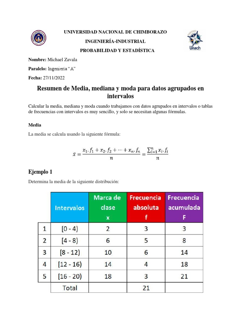 Media, Mediana y Moda en Intervalos | PDF | Mediana | Matemáticas