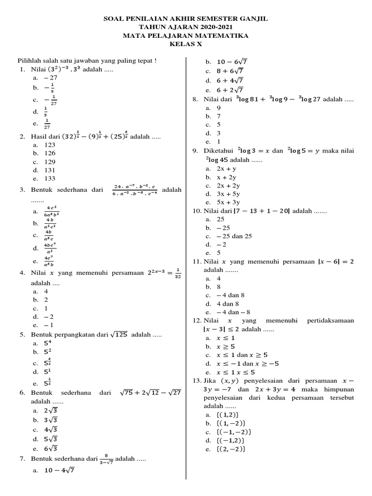 Soal Pas MTK Kelas X | PDF