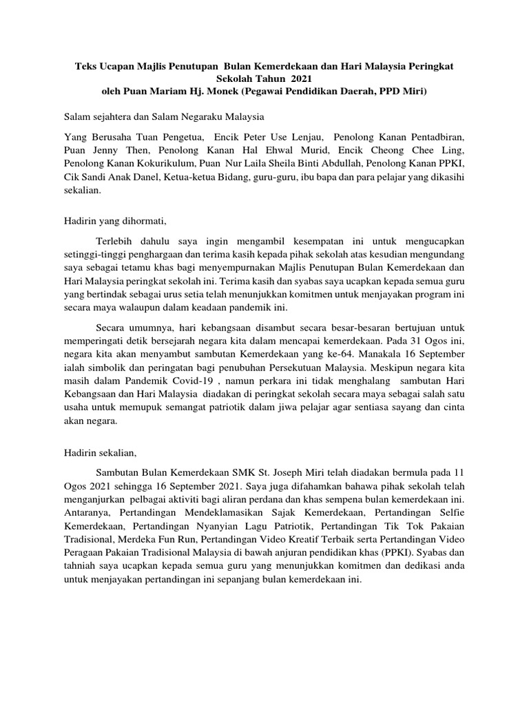 Teks Ucapan Majlis Penutupan Bulan Kemerdekaan PPD | PDF