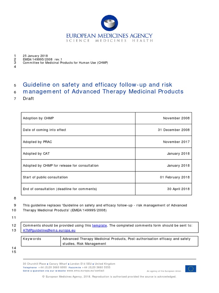 Draft Guideline Safety Efficacy Follow Risk Management Advanced Therapy Medicinal Products ...