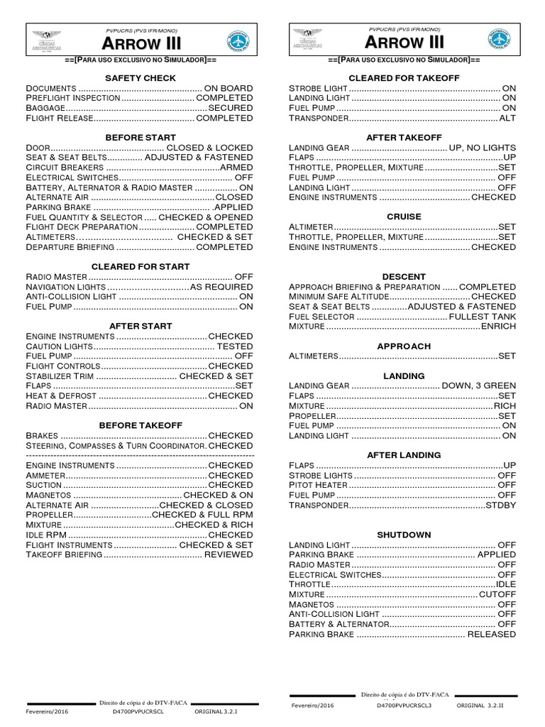 Checklist Arrow III (Fev-2016) | PDF | Instrument Flight Rules | Aviation