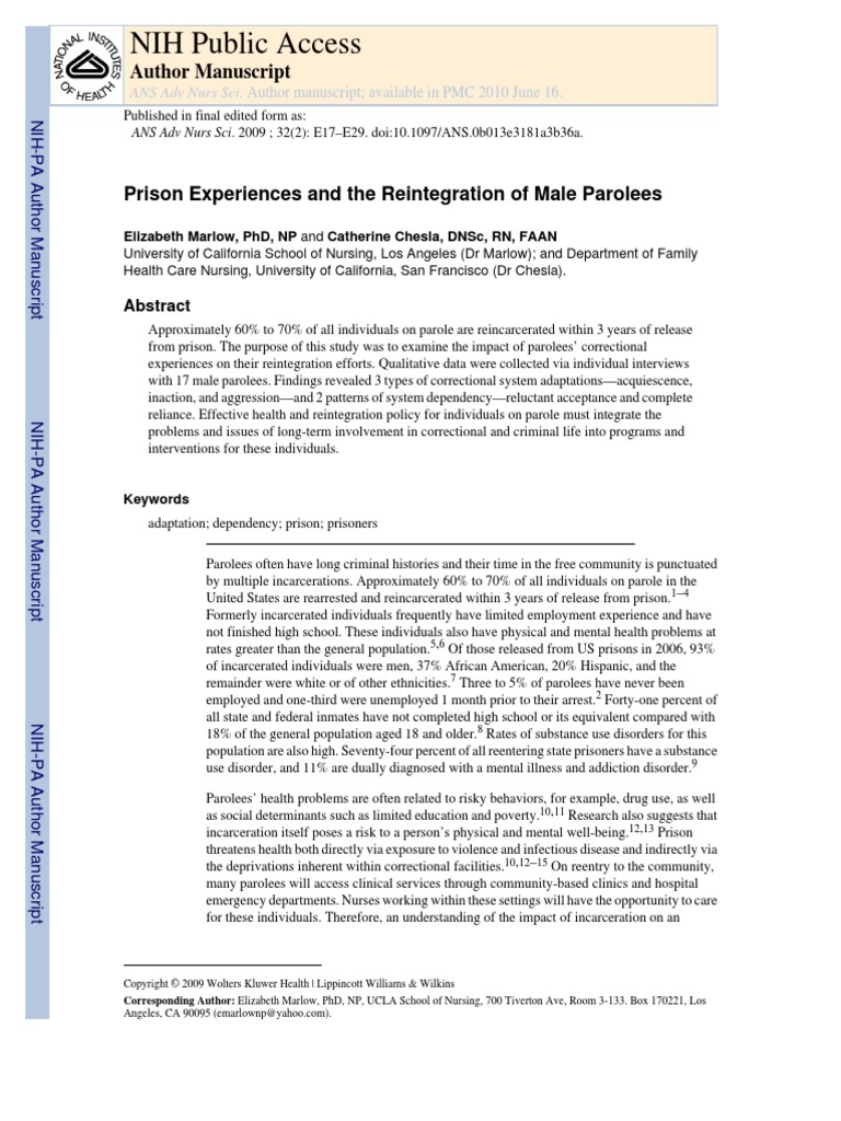 Prison Experiences and The Reintegration of Male Parolees | PDF ...