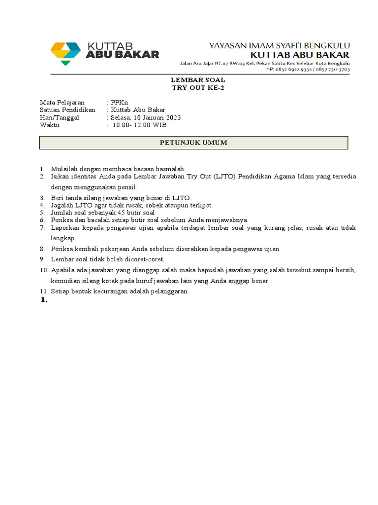 Soal Try Out Ke-2 PPKN Kelas 6 | PDF