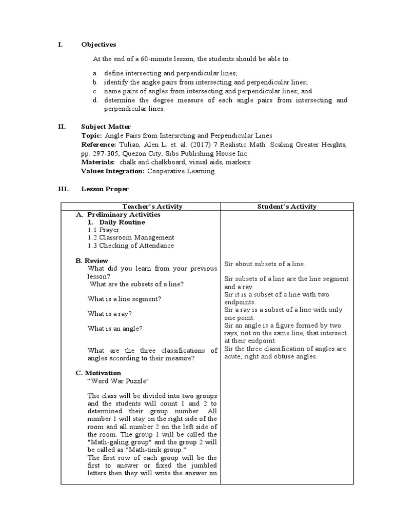 Angle Pairs From Intersecting And Perpendicular Lines Pdf Angle