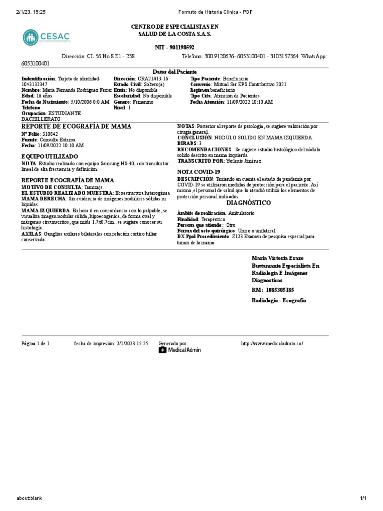 Reporte de Ecografía de Mama | PDF | Ultrasonido médico | Pecho