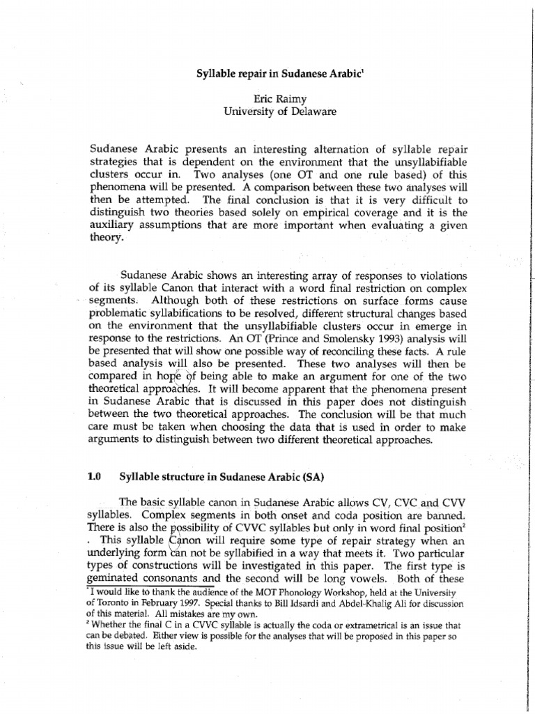 View of Syllable Repair in Sudanese Arabic Eric Raimy | PDF