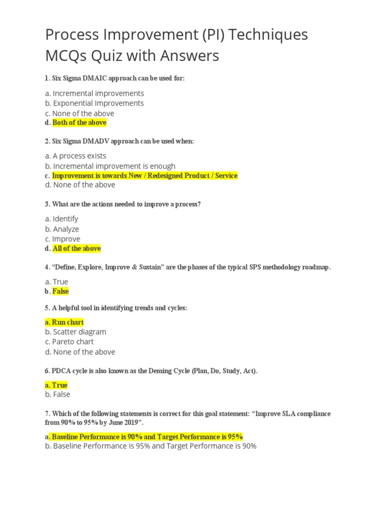 Process Improvement Techniques Quiz | PDF | Six Sigma | Science