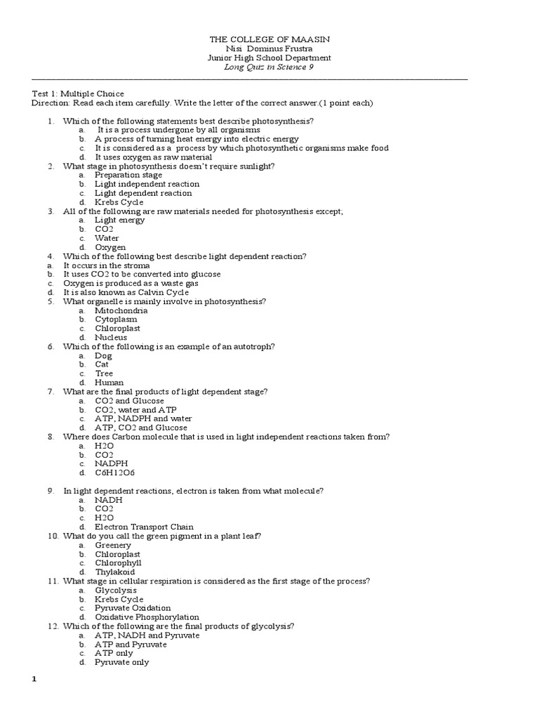 Long Quiz in Science 9 | PDF | Cellular Respiration | Adenosine ...