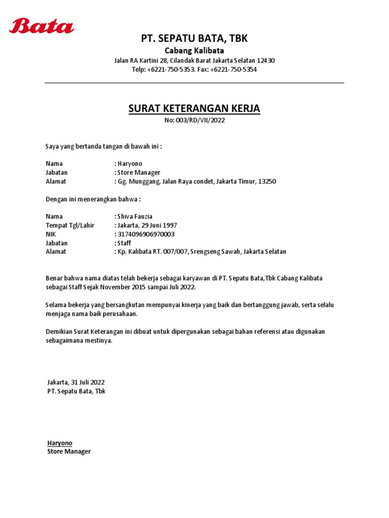 Surat Paklaring Karyawan PT Sepatu Bata | PDF