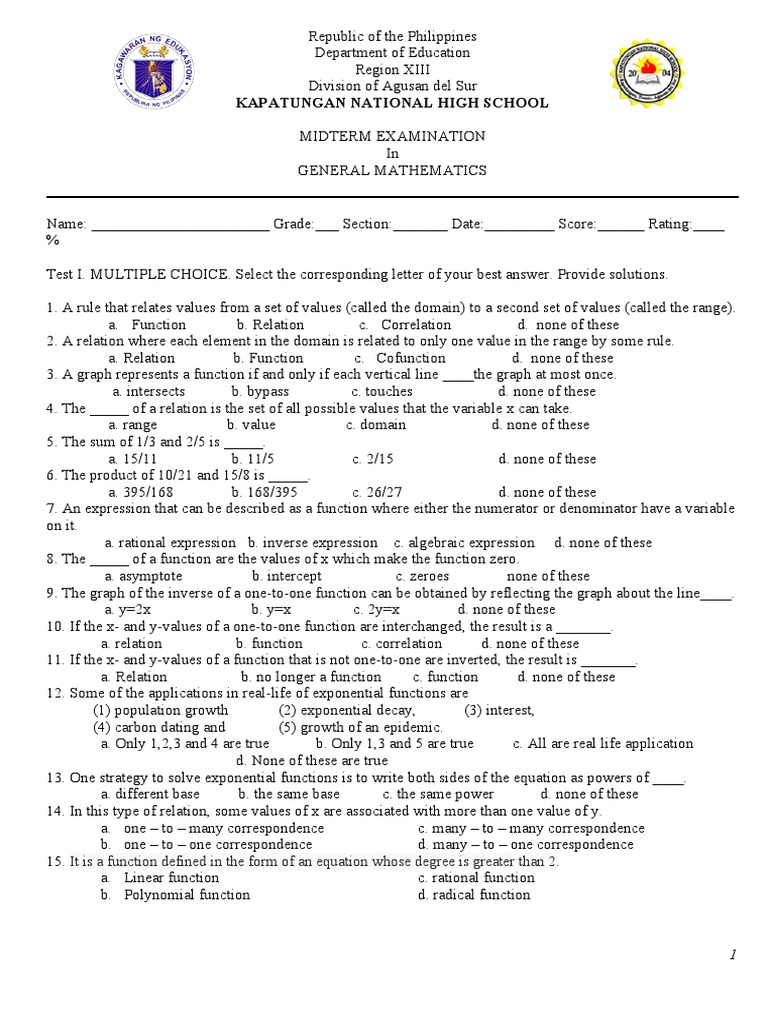 Gen Math Midterm EXAM | PDF | Function (Mathematics) | Equations