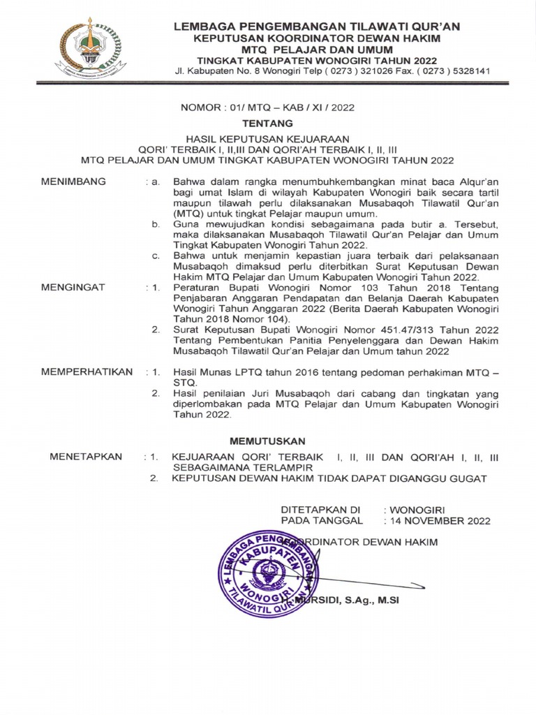 Hasil MTQ 22 Terbaru | PDF
