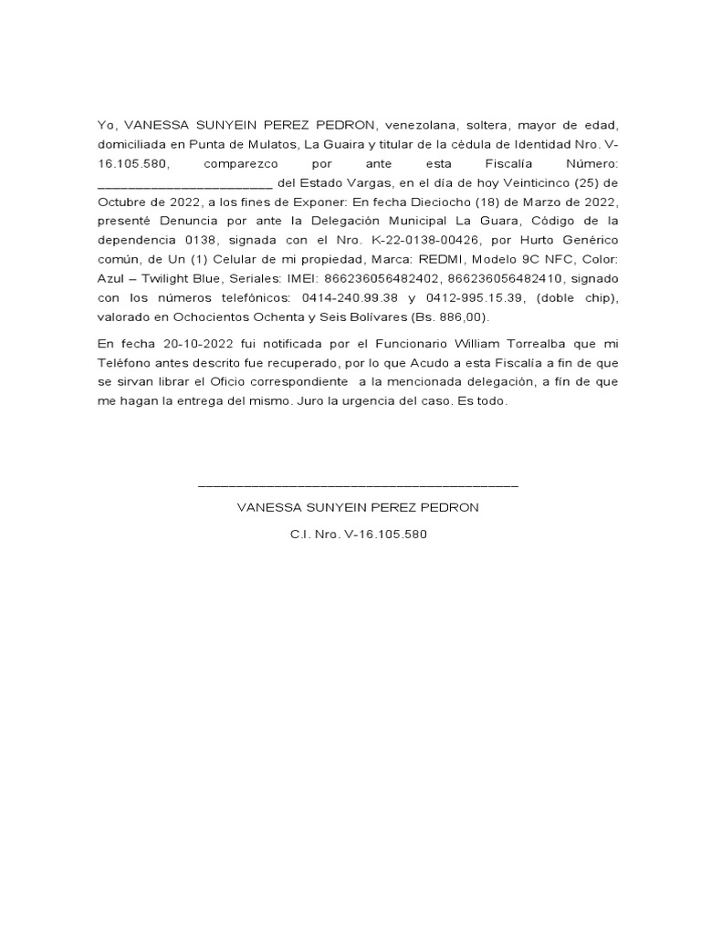 Diligencia Fiscalia Vanessa | PDF