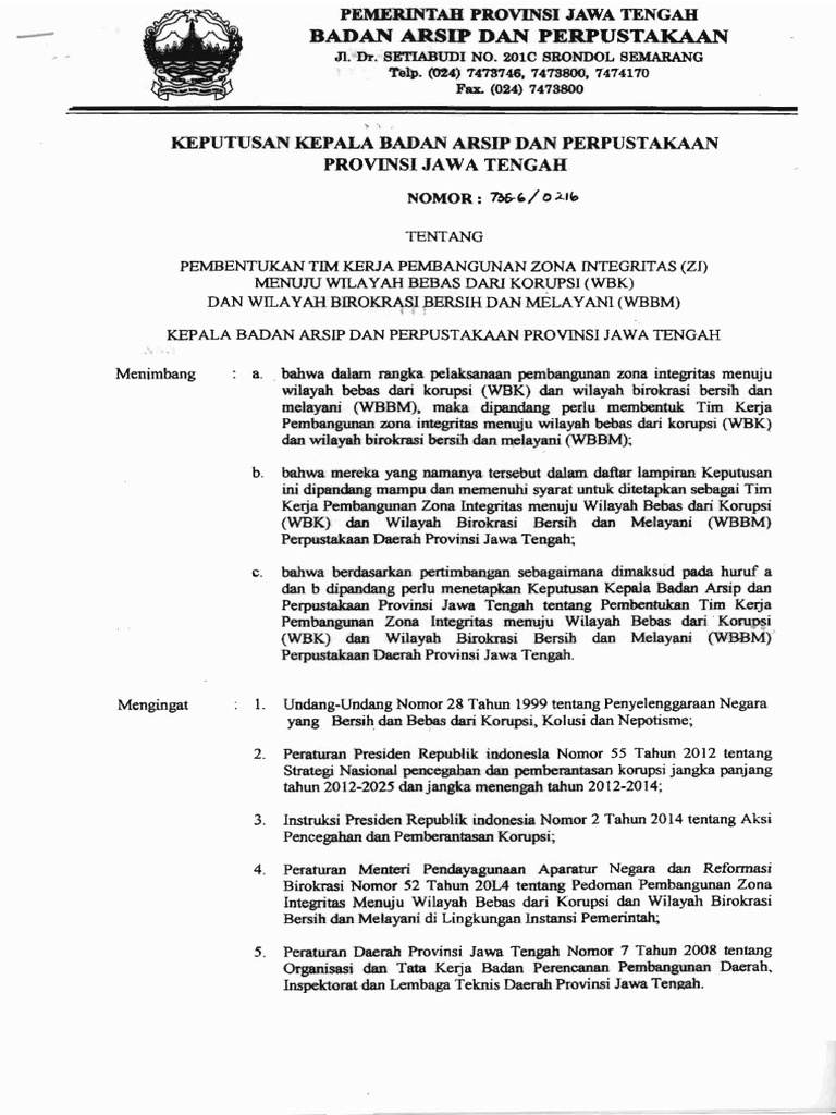 SK Tim Kerja Pembangunan Zona Integritas WBK | PDF