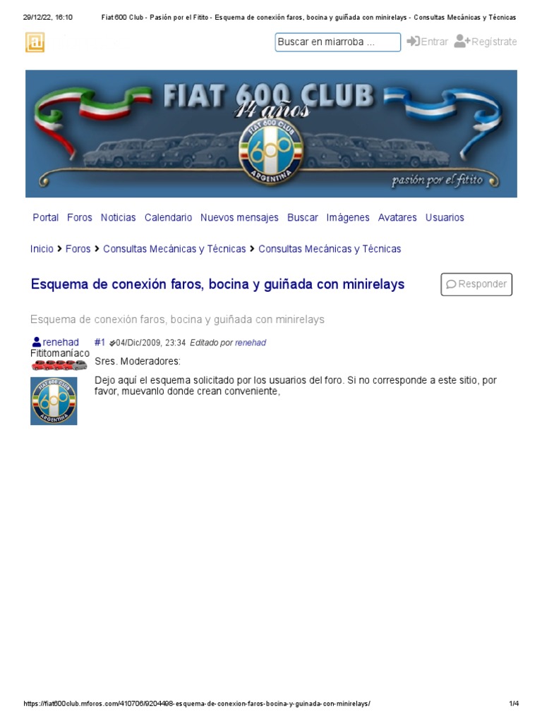 Fiat 600 Club - Pasión Por El Fitito - Esquema de Conexión Faros ...