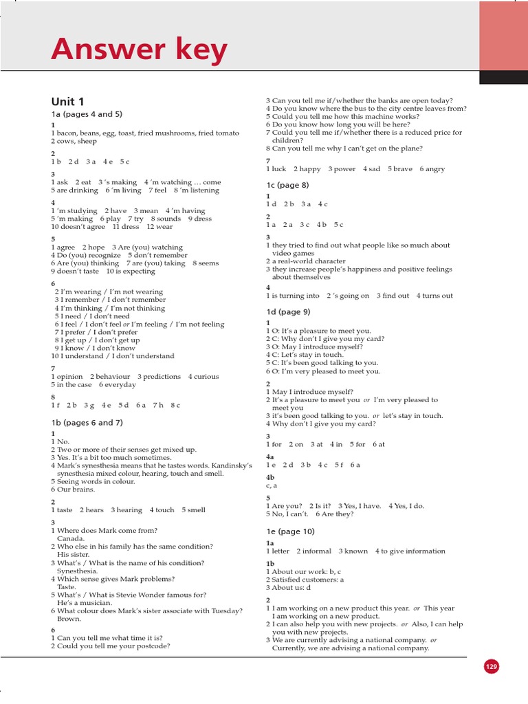 Intermediate Workbook Answer Key | PDF | Senses | Water