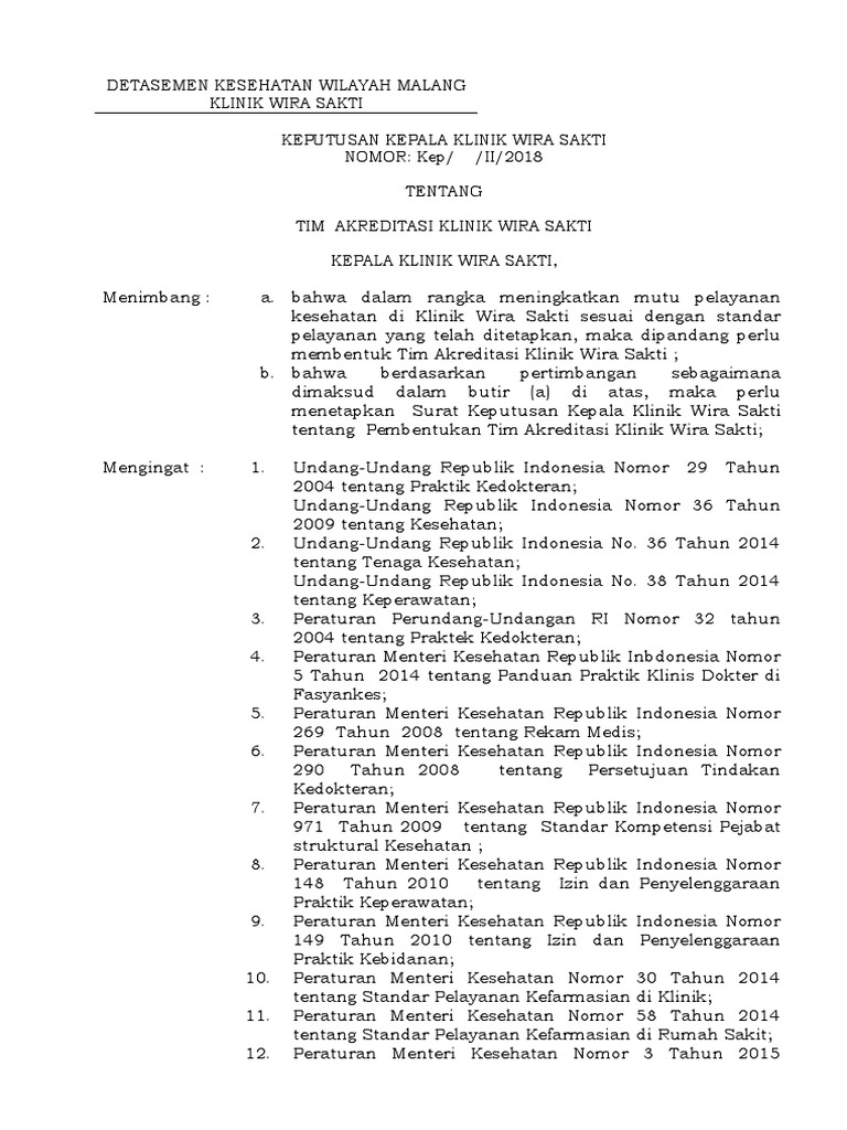 SK Tim Akreditasi Klinik Wira Sakti | PDF