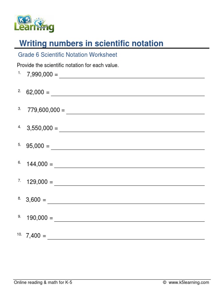 Grade 6 Scientific Notation Write 9dig A | PDF