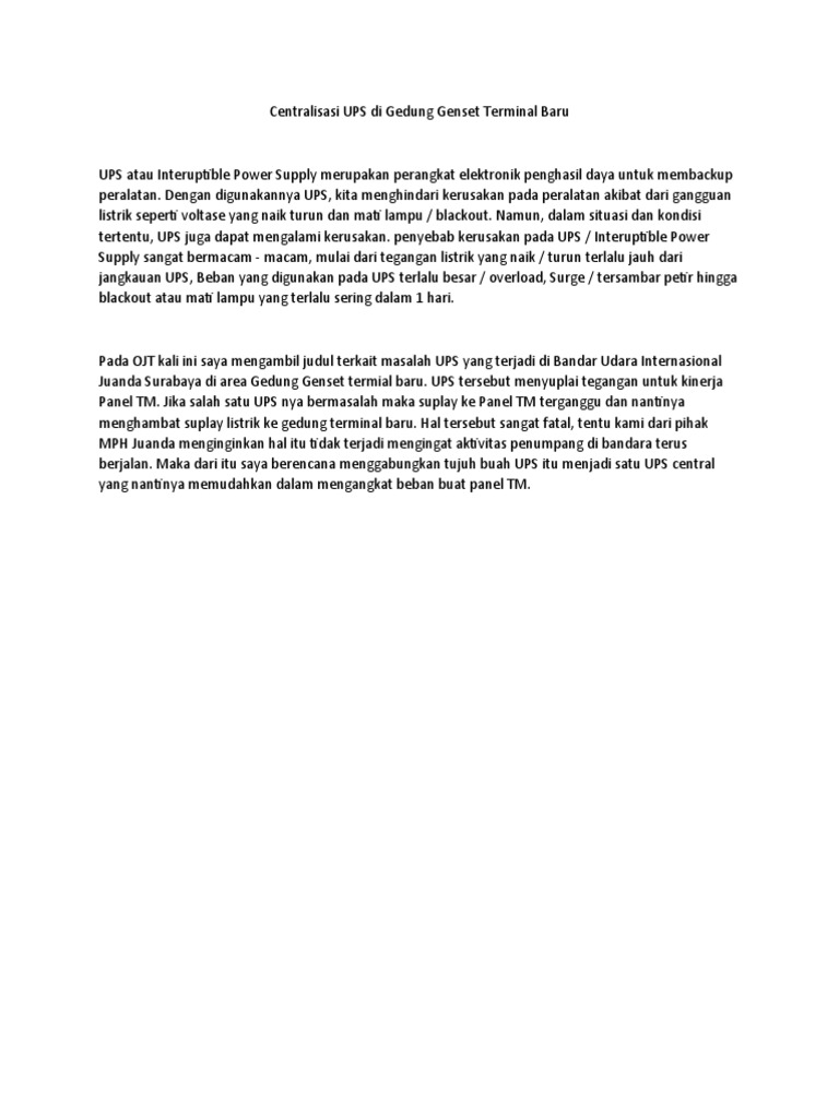 Centralisasi UPS Di Gedung Genset Terminal Baru | PDF