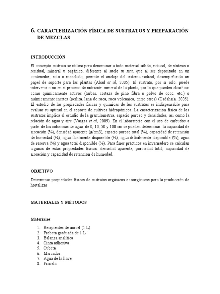 Caracterización Física de Sustratos y Preparación de Mezclas | PDF | Agua | Hidroponia