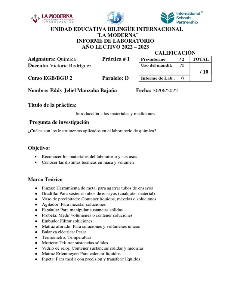Formato Informe de Laboratorio de Ciencias Experimentales | PDF | Laboratorios