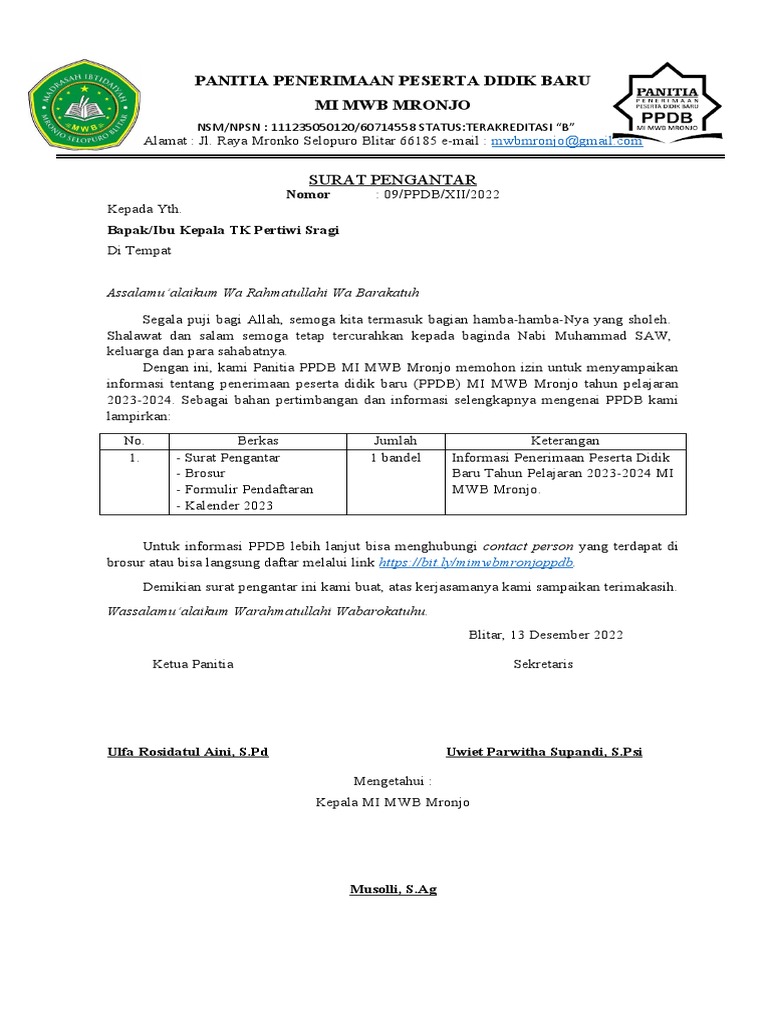 Surat Pengantar PPDB MI MWB Mronjo | PDF | Karier & Perkembangan