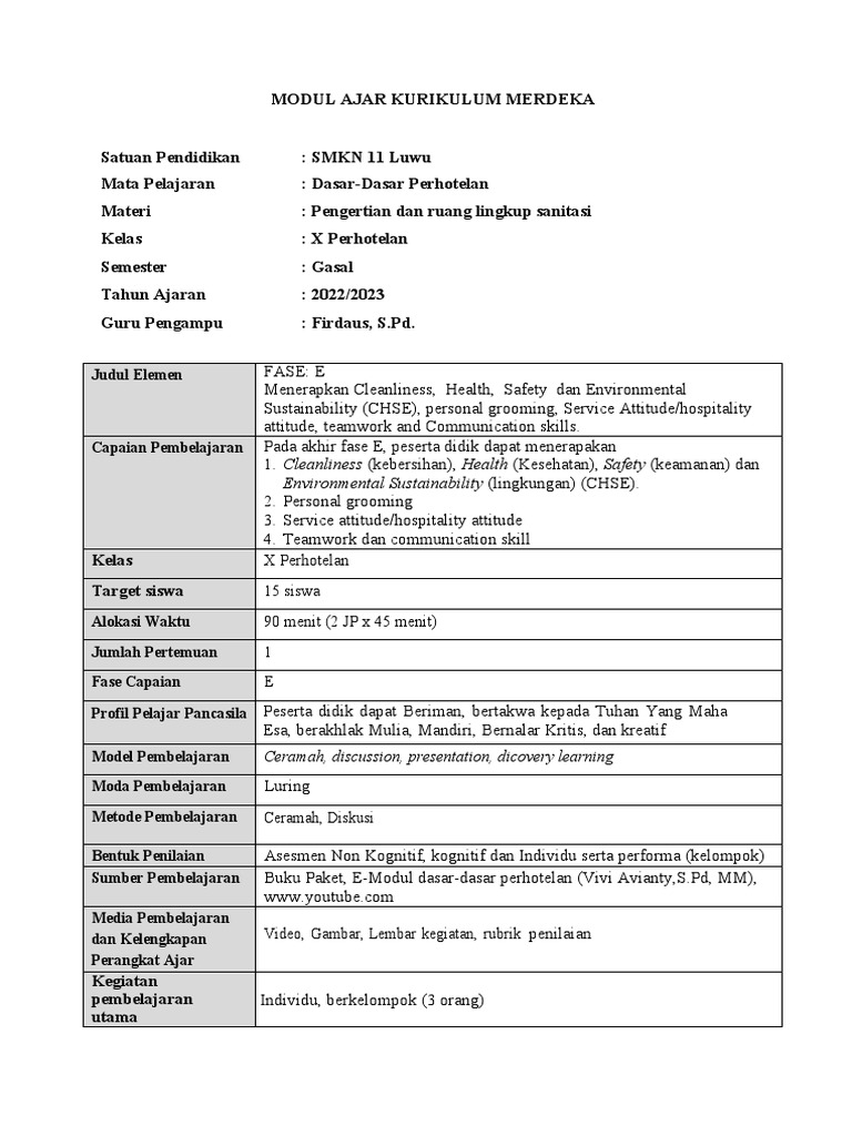 Modul Ajar Perhotelan X | PDF | Karier & Perkembangan | Seni