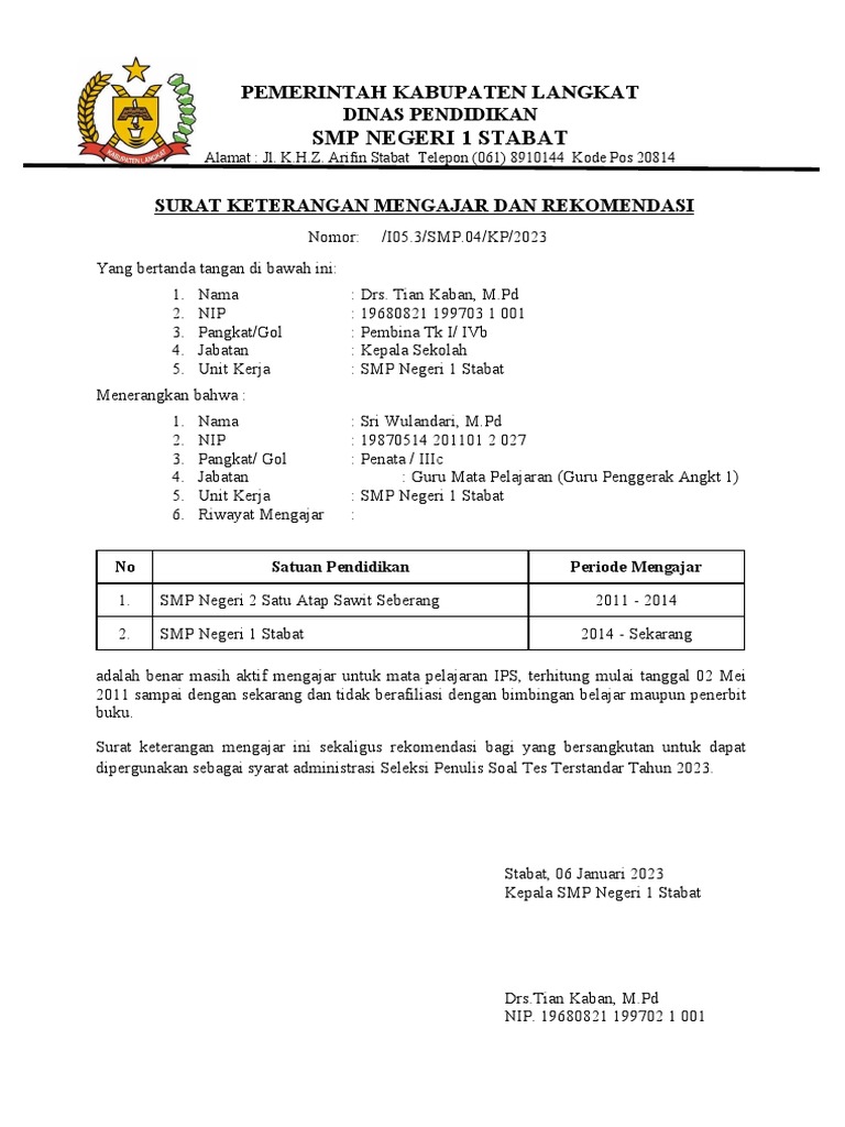 Surat Keterangan Mengajar SMPN 1 Stabat | PDF