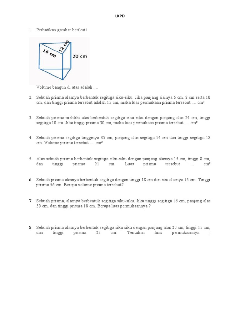 Soal Matematika Volume Dan Luas Permukaan Prisma Segitiga | PDF