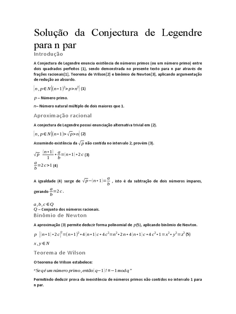 Solução Da Conjectura de Legendre para N Par | PDF | Número primo ... Solução Da Conjectura de Legendre para N Par | PDF | Número primo ...