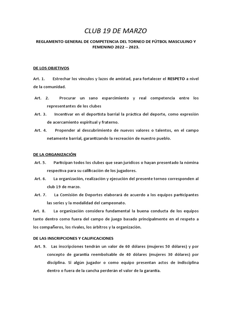 Reglamento General de Competencia Del Torneo de Fútbol Sénior | PDF ...