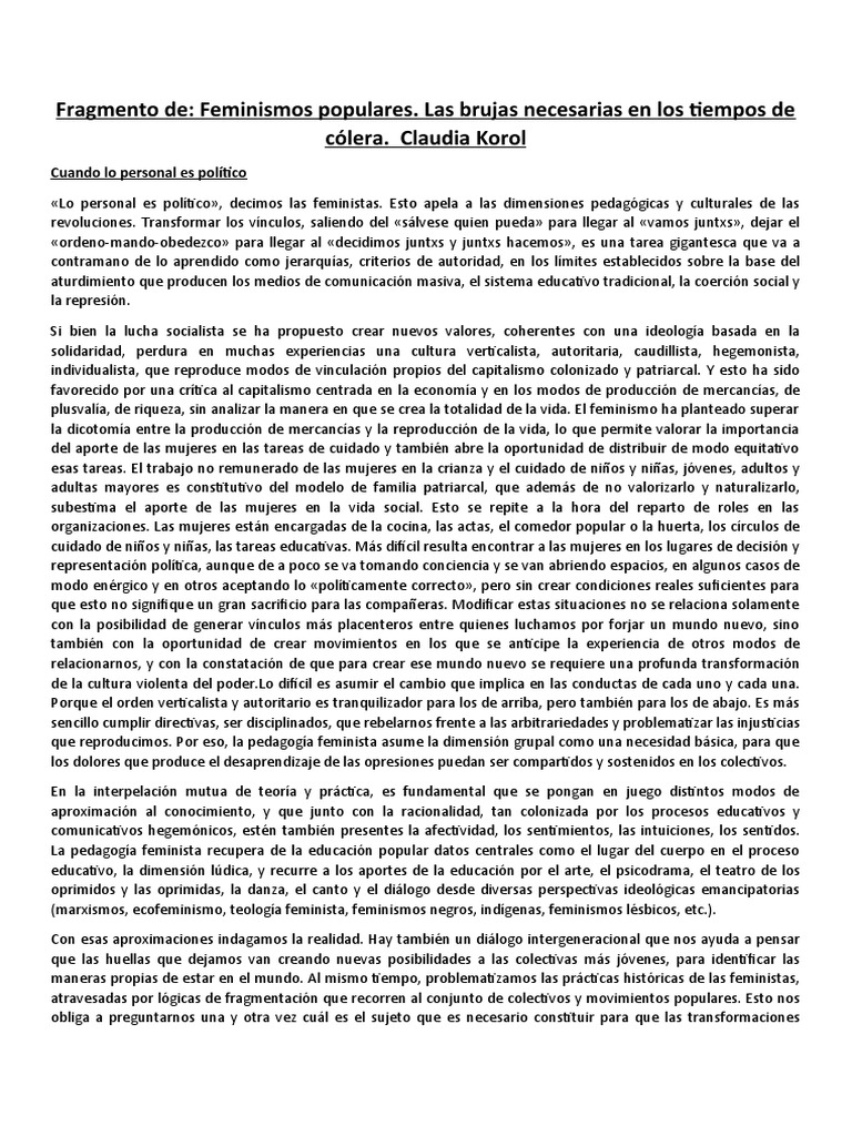 Feminismos Populares Las Brujas Necesarias en Los Tiempos de Colera Korol | PDF | Feminismo ...