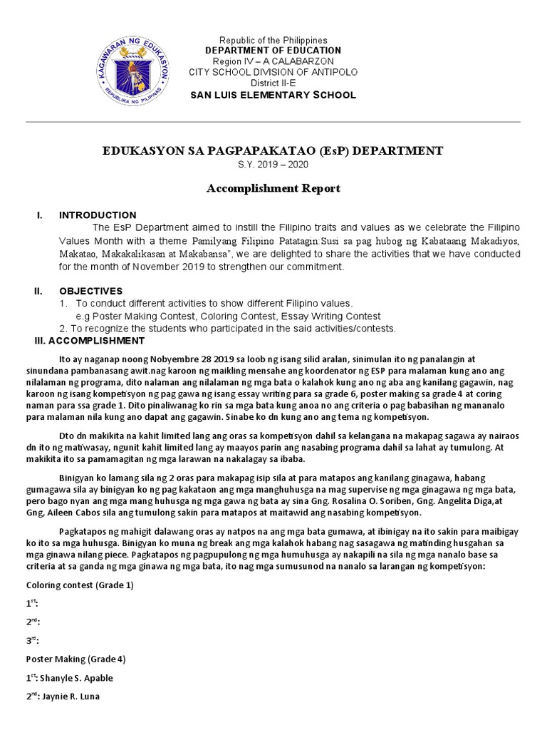 Accomplishment Report On ESP | PDF