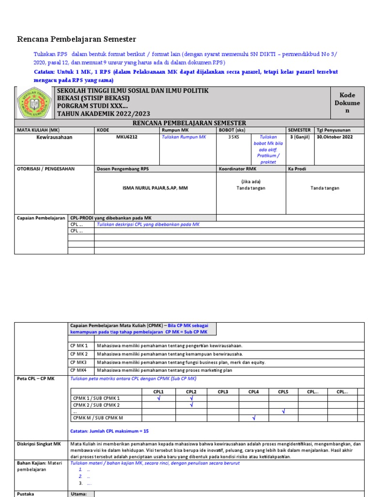RPS Kewirausahaan STISIP 2022/2023 | PDF