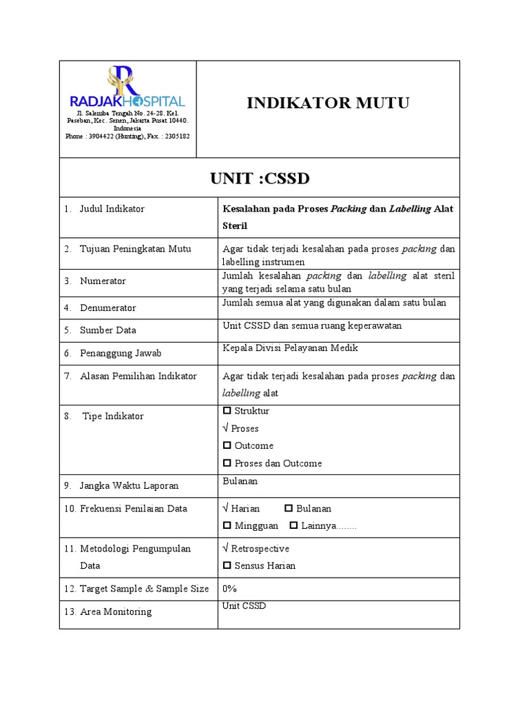 Indikator Mutu CSSD | PDF