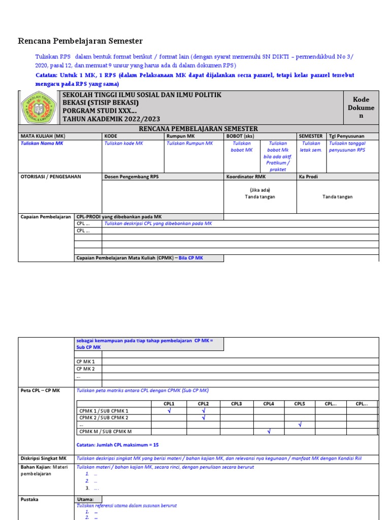FORM-Template RPS - Rencana Pembelajaran Semester | PDF