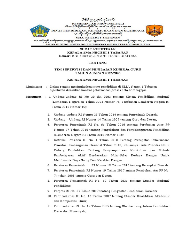 SK Tim Supervisi Guru 2022 - 23 | PDF