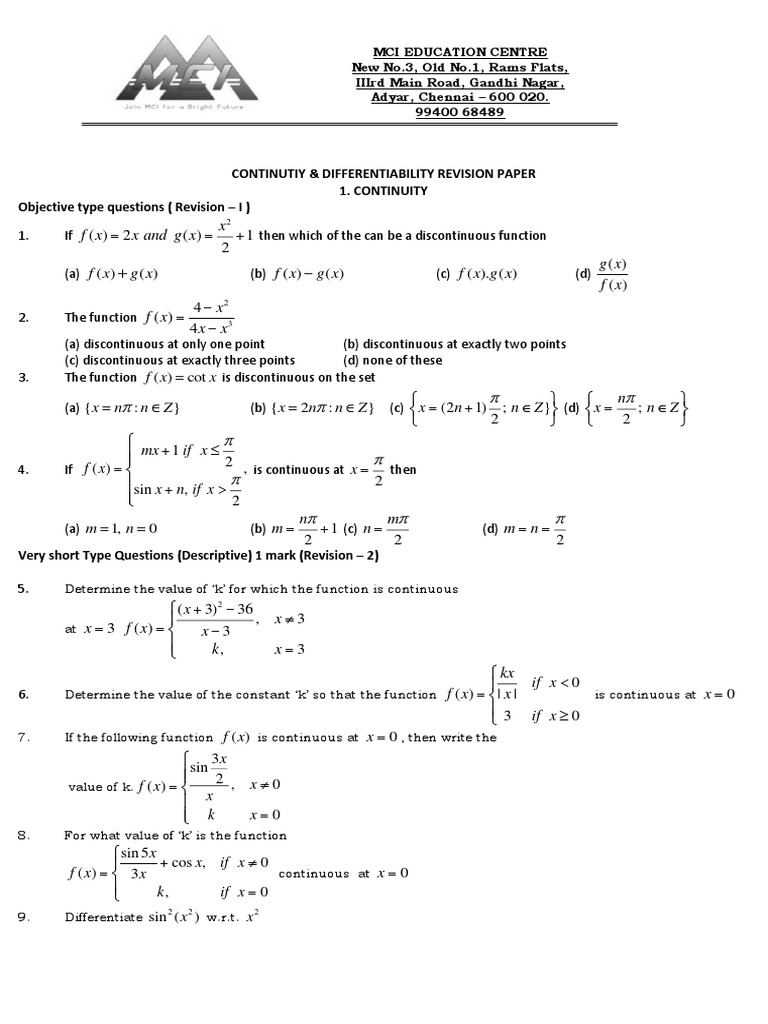 12 Diffrentiation Previous Year Question Paper - 1 | PDF | Trigonometric Functions | Function ...