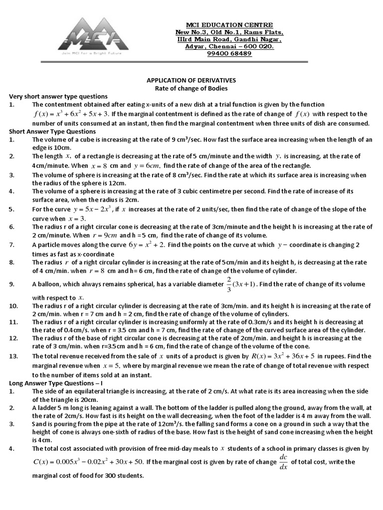 Application of Derivatives Previous Year Question Paper - 1 | PDF ...