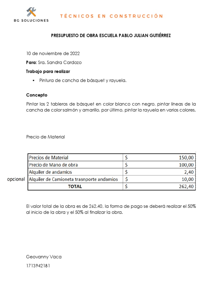 Presupuesto de Obra Escuela Pablo Julian Gutierrez | PDF Presupuesto de Obra Escuela Pablo Julian Gutierrez | PDF