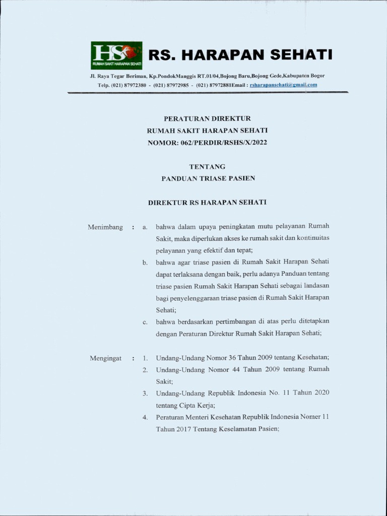 Perdir Dan Panduan Triase Pasien Rshs | PDF